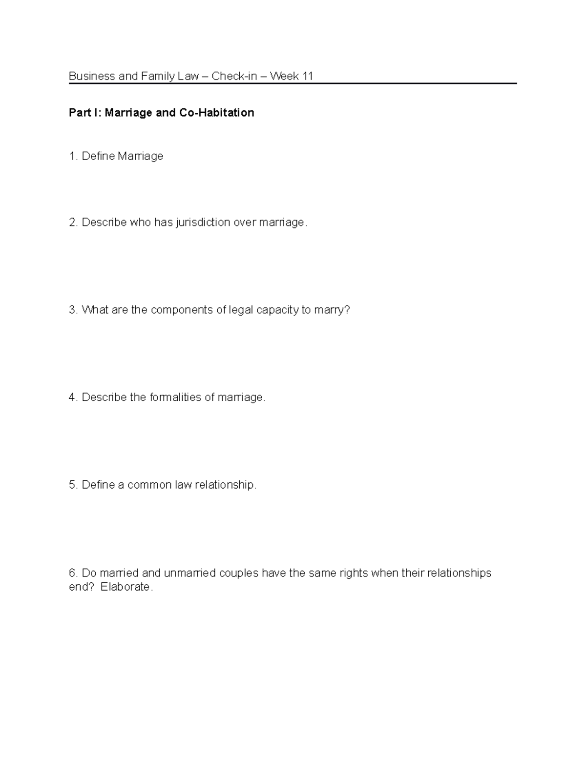 Check In - Week 11 - Marriage, Divorce, and Contracts - Business and ...