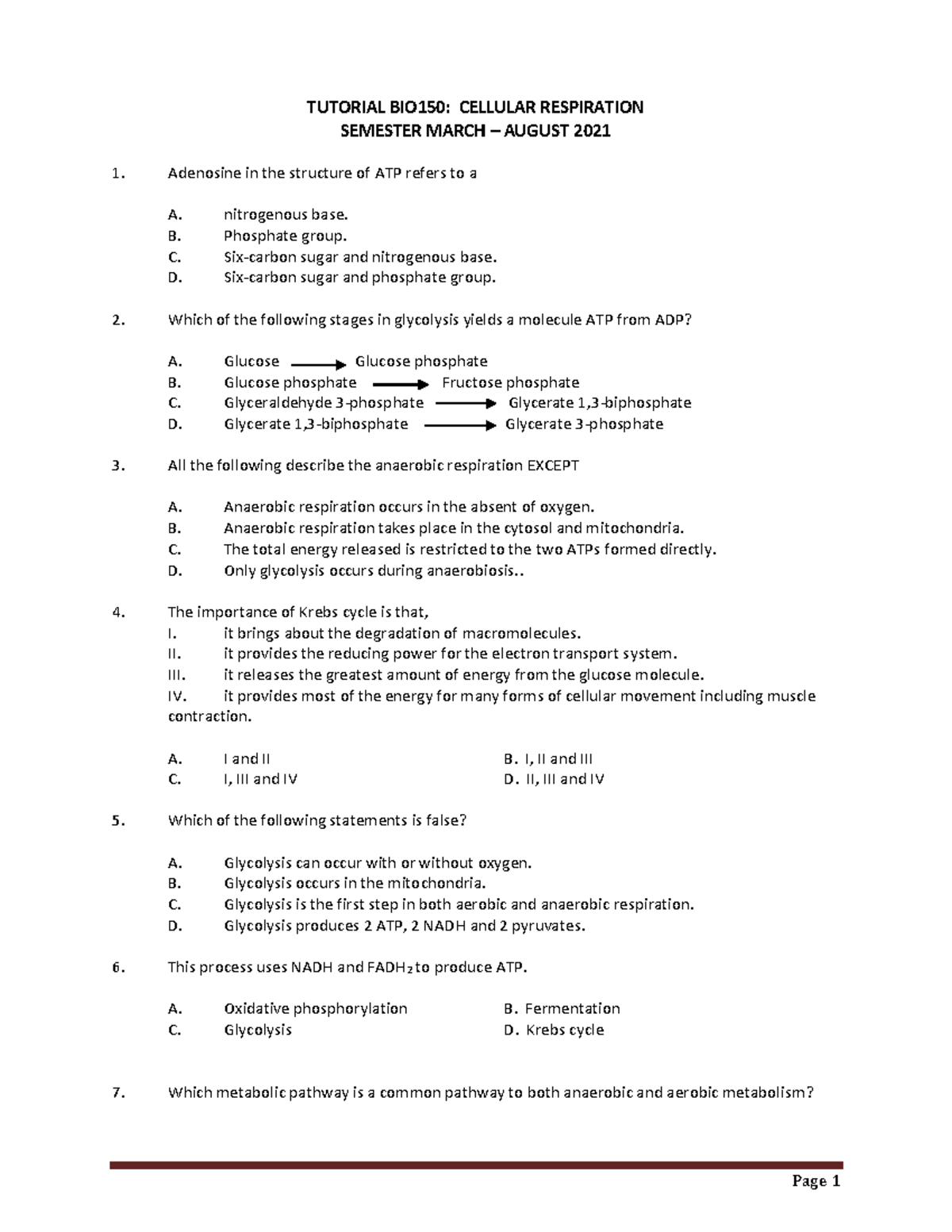 Tutorial celular respiration - TUTORIAL BIO150: CELLULAR RESPIRATION ...