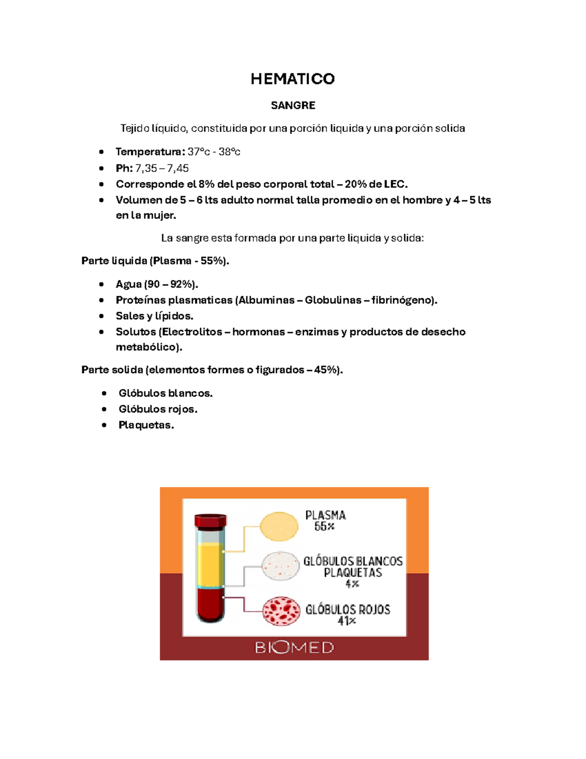 Hematico - apuntes - HEMATICO SANGRE Tejido líquido, constituida por ...