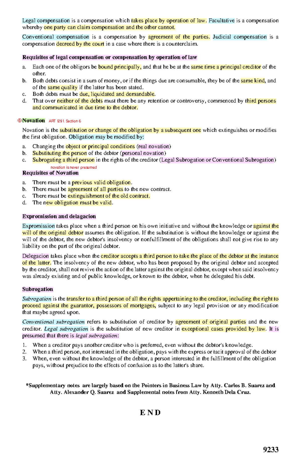 Supplementary Notes - Law on Obligations 8 - 9233 Legal compensation is ...