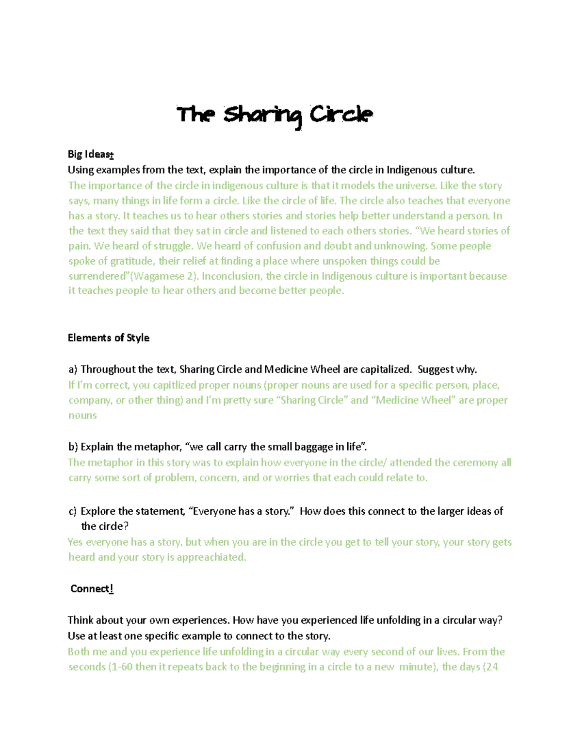 9 The Sharing Circle-1 - Big Ideas: Using examples from the text, explain the importance of the ...