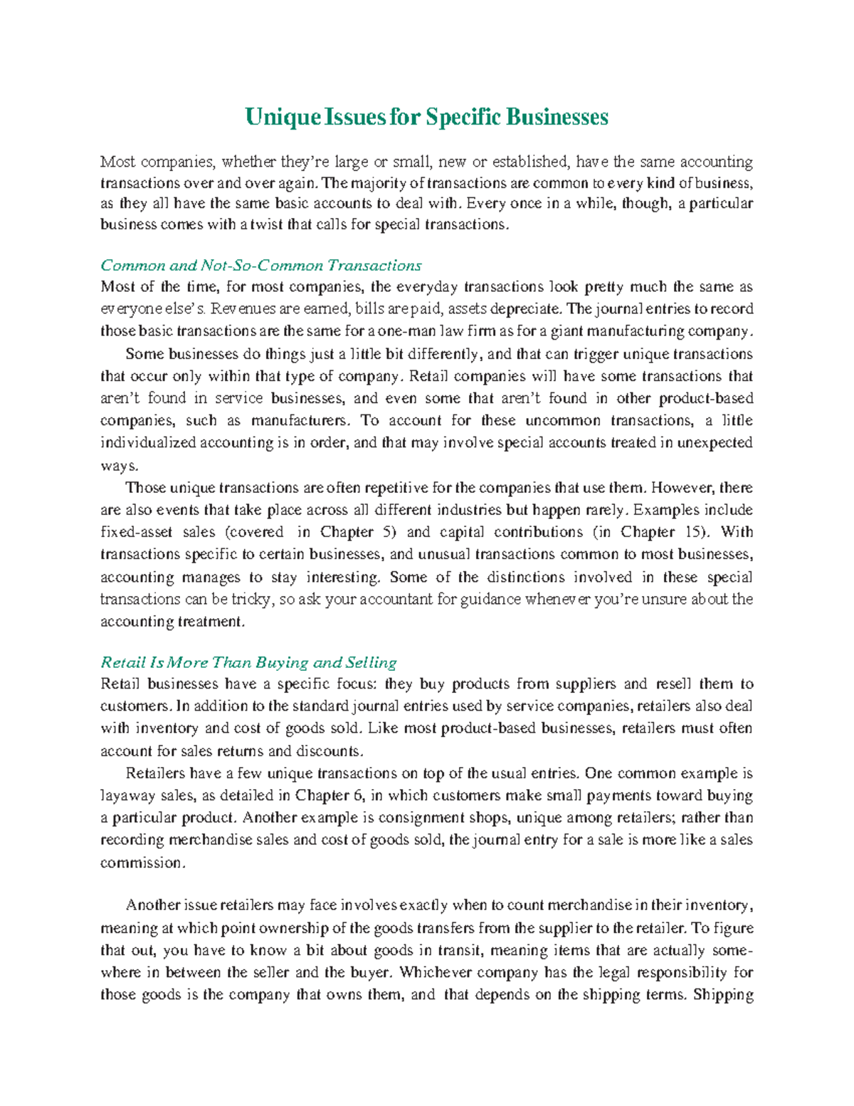 Unique Issues for Specific Businesses - The majority of transactions ...