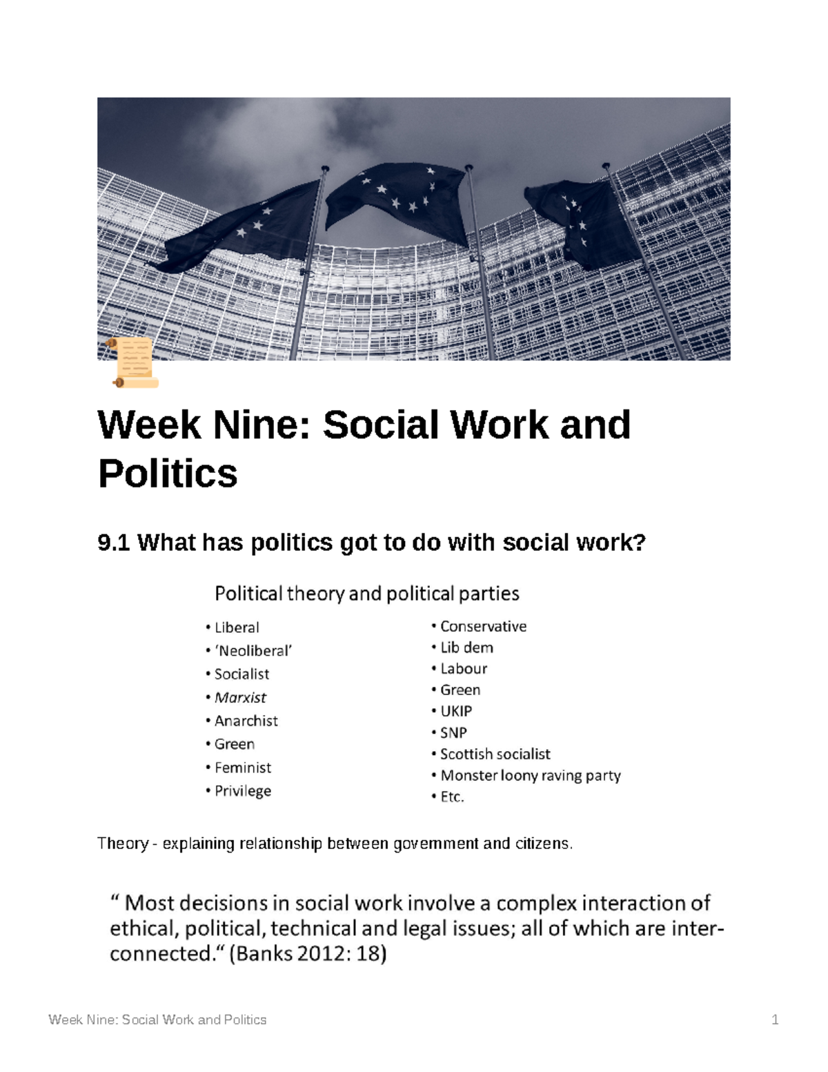 Week Nine Social Work and Politics - SWKU911 - Stirling - Studocu