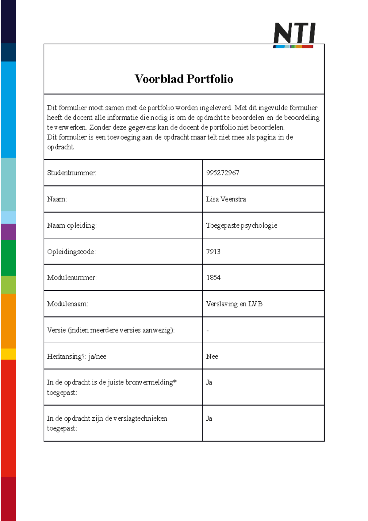 Portfolio LVB en Verslaving - Voorblad Portfolio Dit formulier moet ...