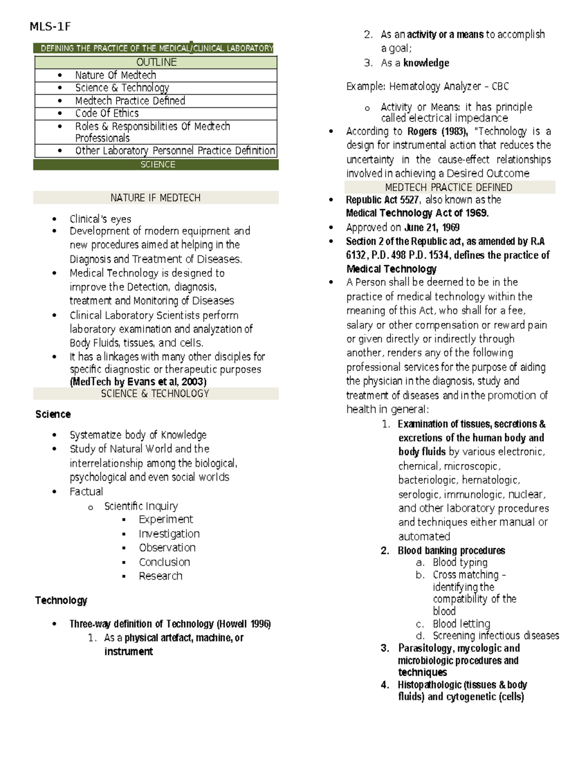 Defining the Practice of Med Tech Reviewer - MLS-1F DEFINING THE ...
