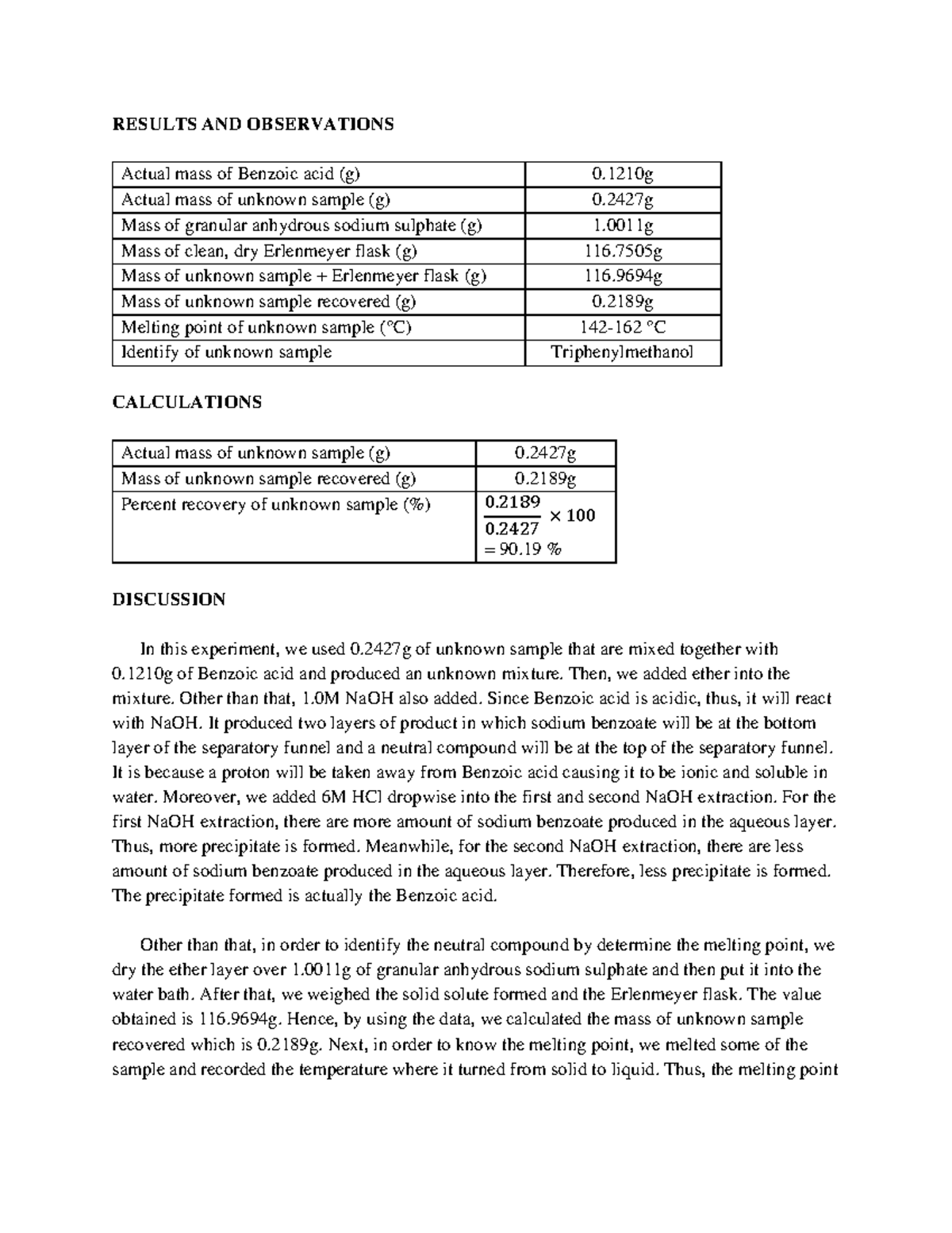 Result exp 1 chm457 - goodluck - RESULTS AND OBSERVATIONS Actual mass ...