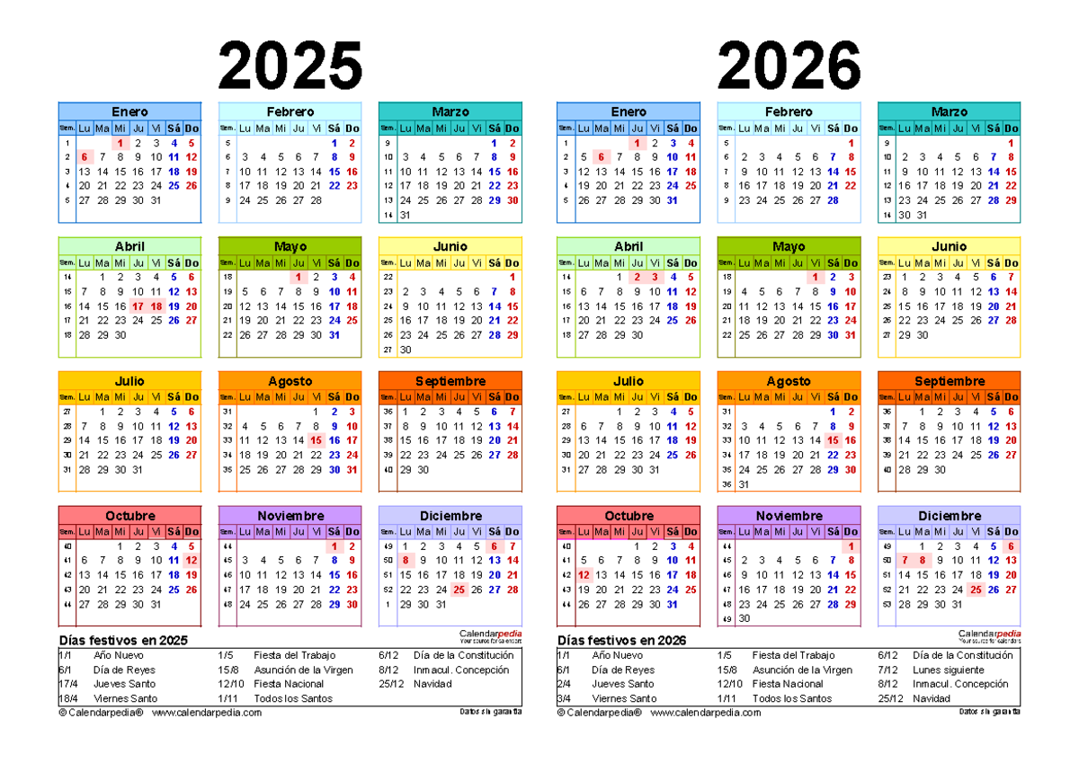 Calendario 2025 2026 horizontal anos uno al lado del otro en color ...
