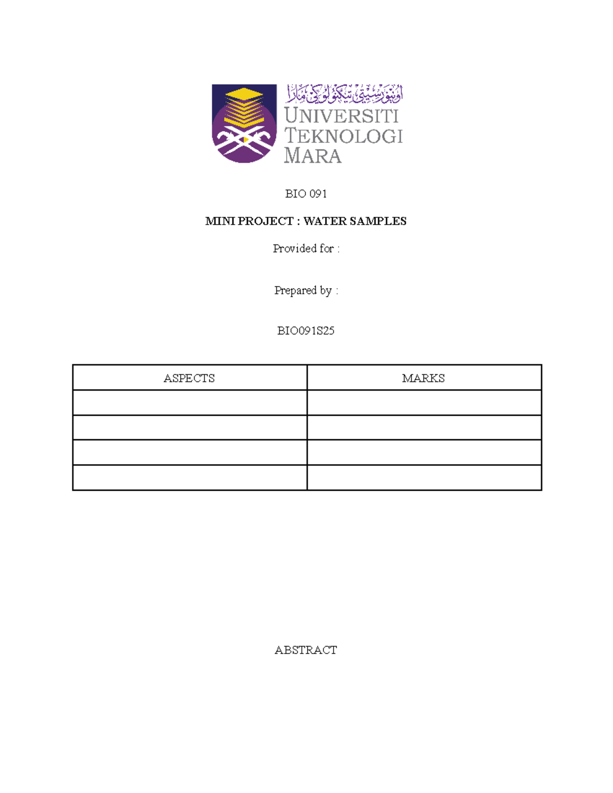 BIO091 MINI Project BOD Water Samples - BIO 091 MINI PROJECT : WATER ...