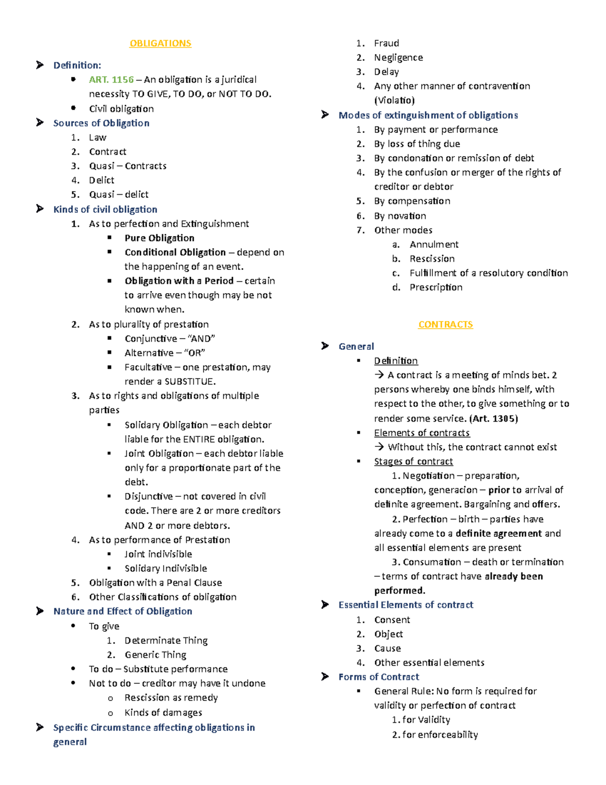 RFBT personal notes - OBLIGATIONS Definition: ART. 1156 – An obligation ...