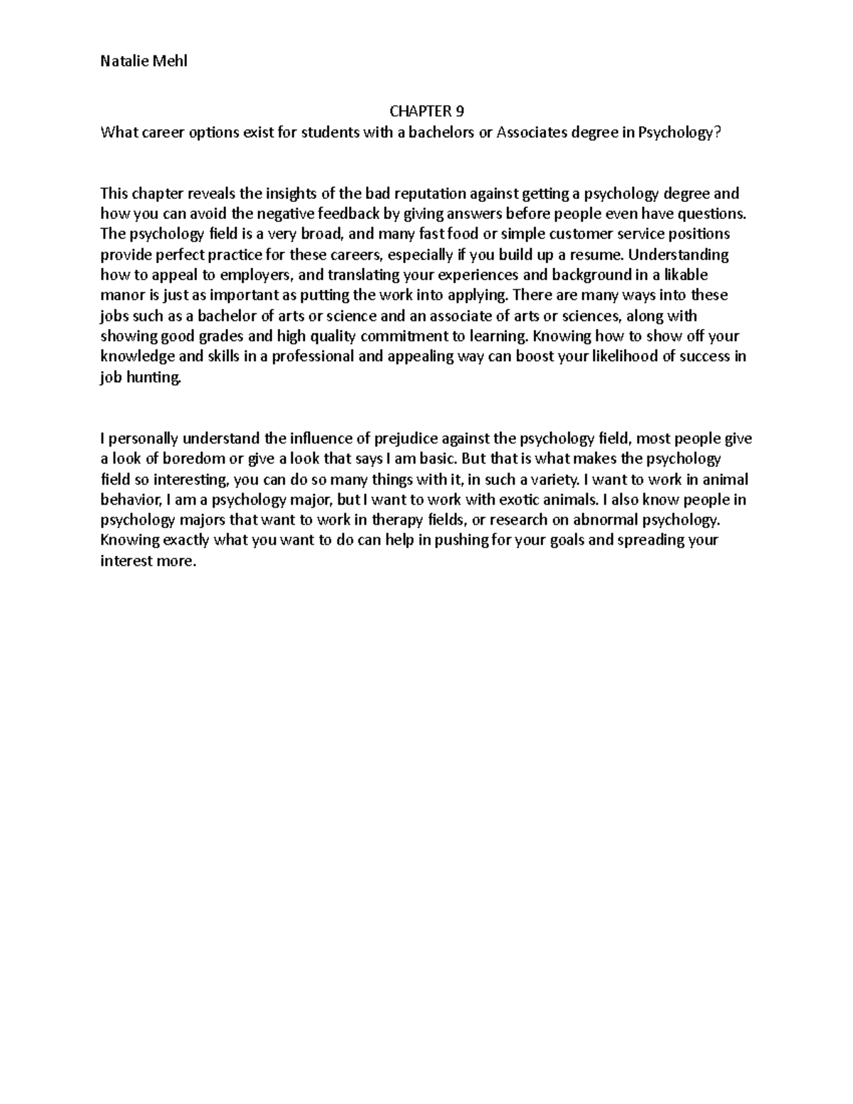 Chapter 9 summary - Natalie Mehl CHAPTER 9 What career options exist ...