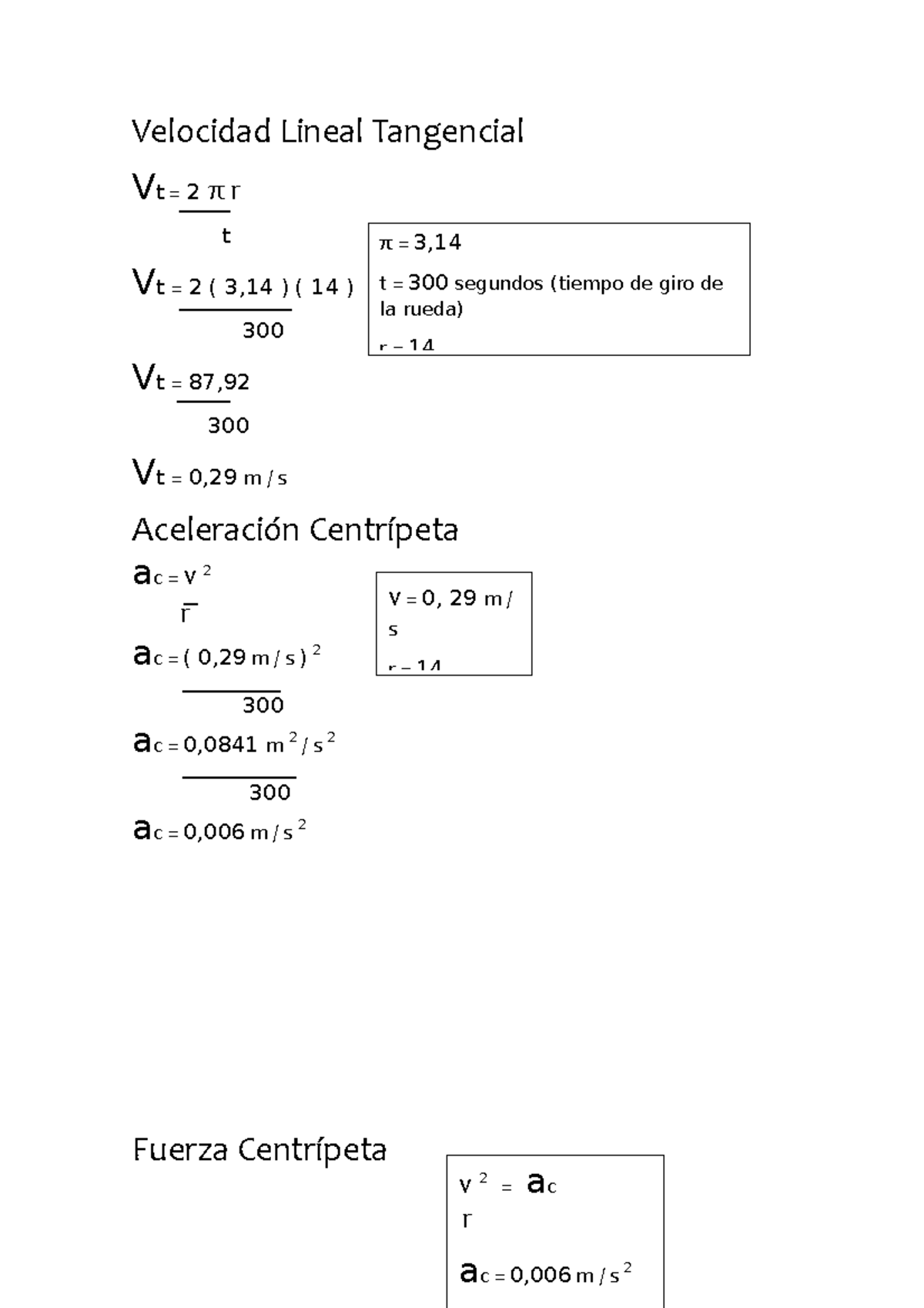 Velocidad Lineal Tangencial, Aceleracion Centripeda, F centripeda ...