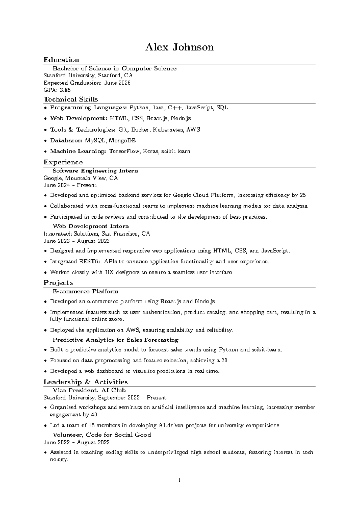 Alex Johnson Resume - Alex Johnson Education Bachelor of Science in ...