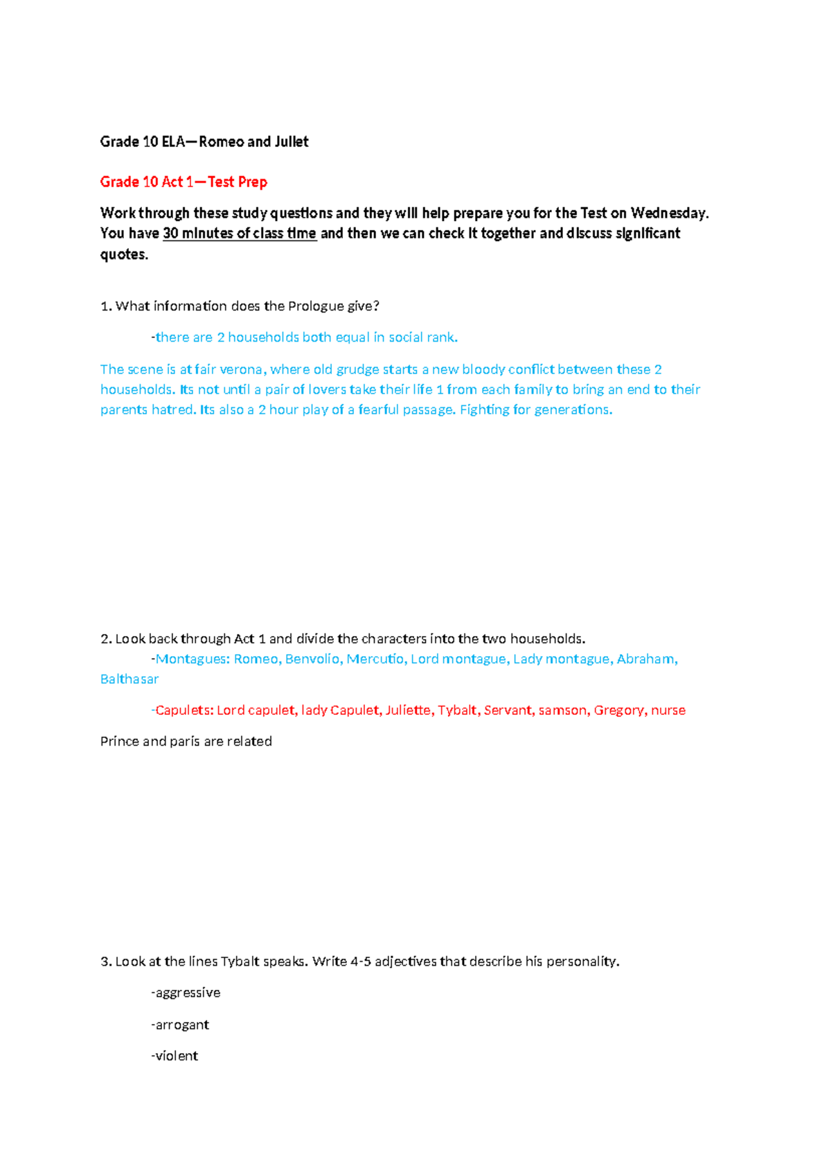Grade 10 Act 1 Test study sheet - Grade 10 ELA—Romeo and Juliet Grade ...