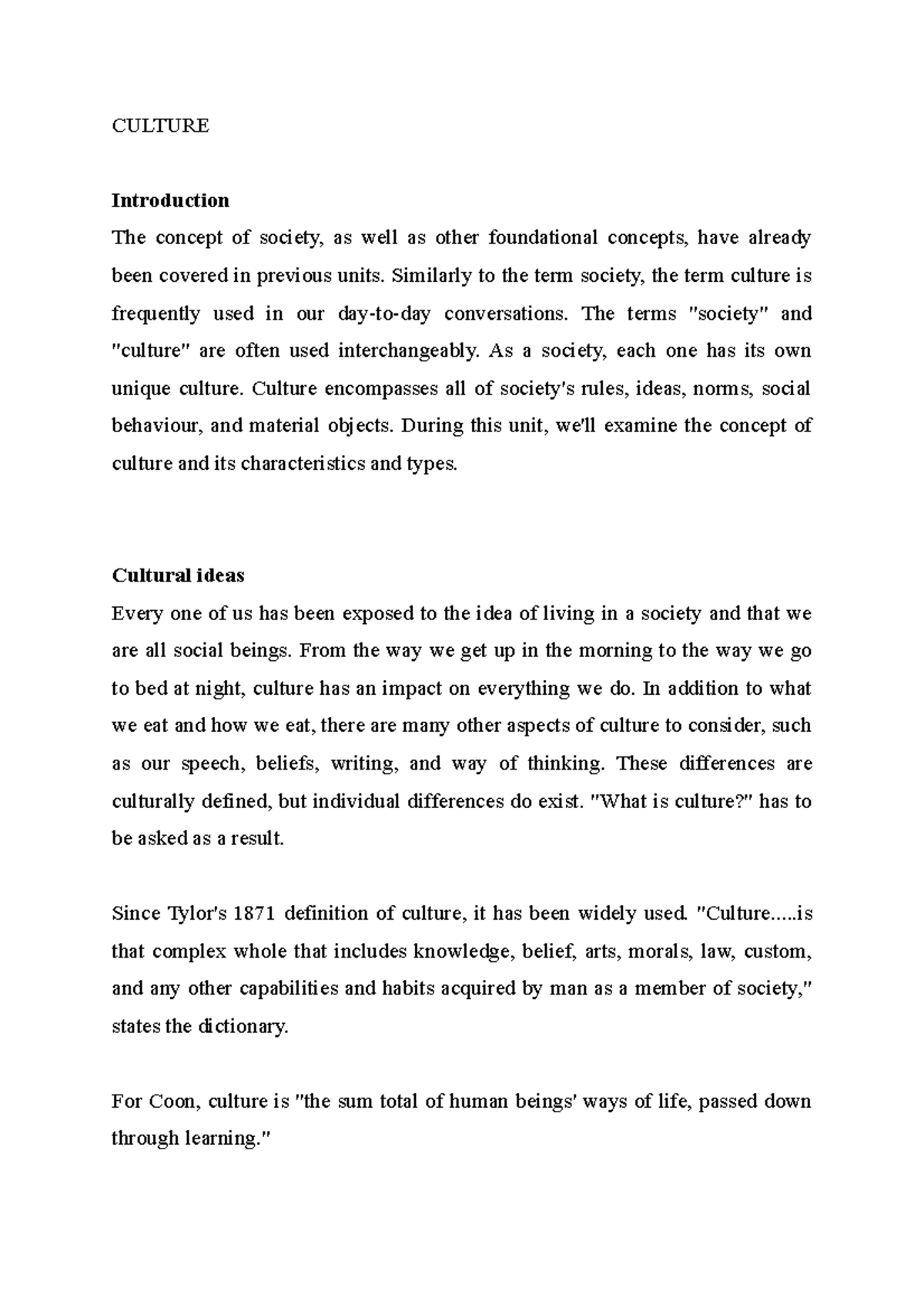 Culture - Lecture notes 1 - CULTURE Introduction The concept of society ...