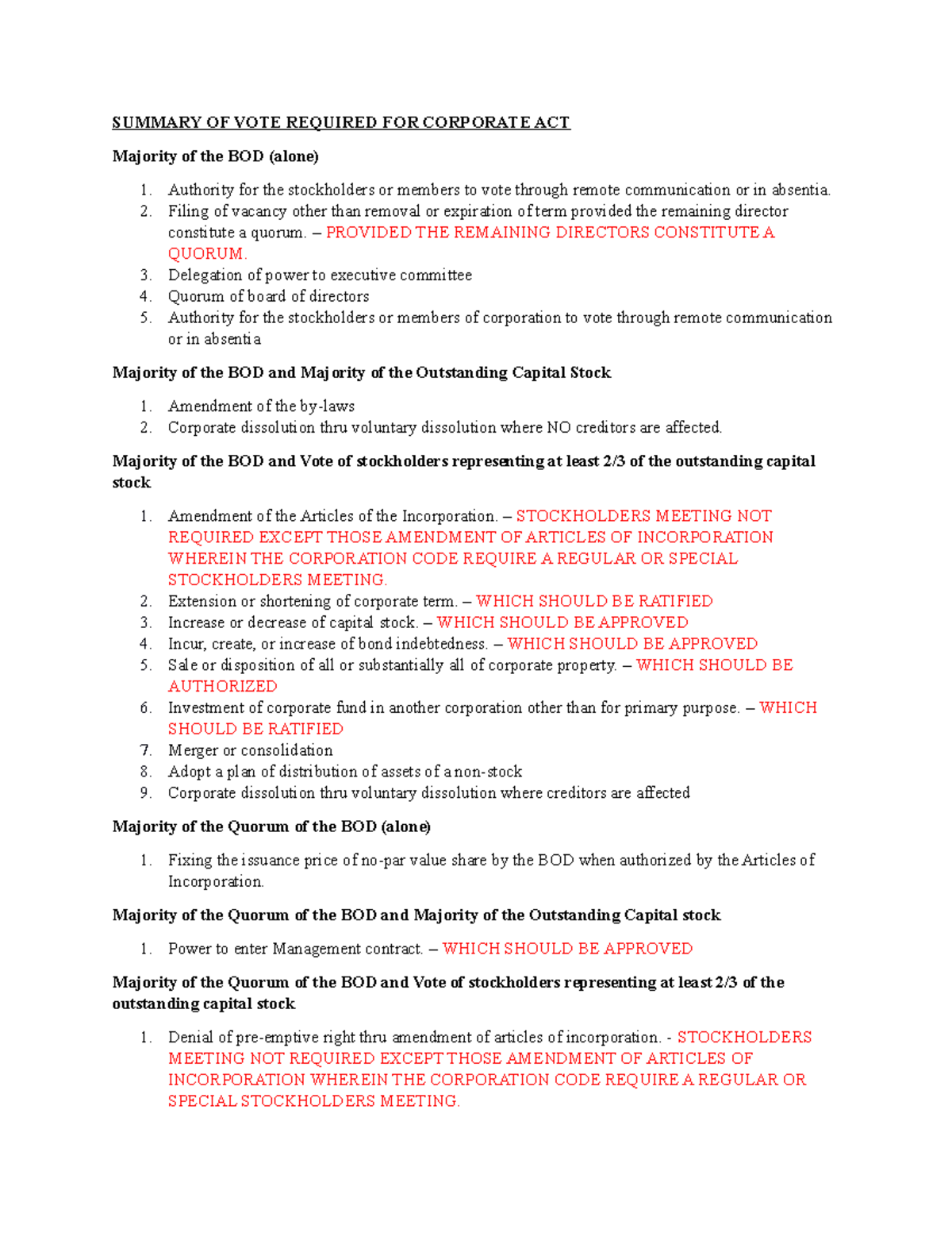 Summary OF VOTE Required FOR Corporate ACT - SUMMARY OF VOTE REQUIRED ...