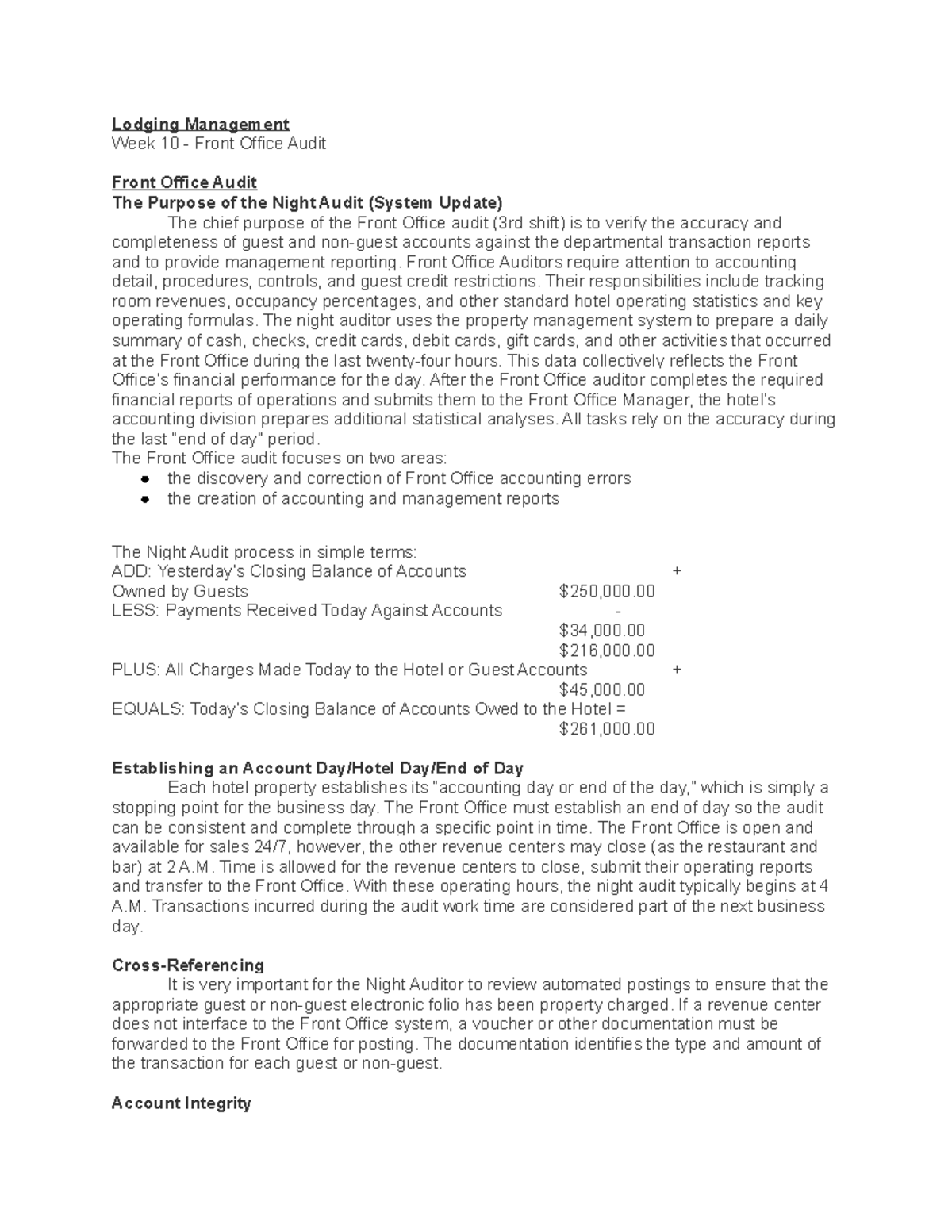 LM Week 10 - Lodging Management. Online class. Week 10 - Front Office ...
