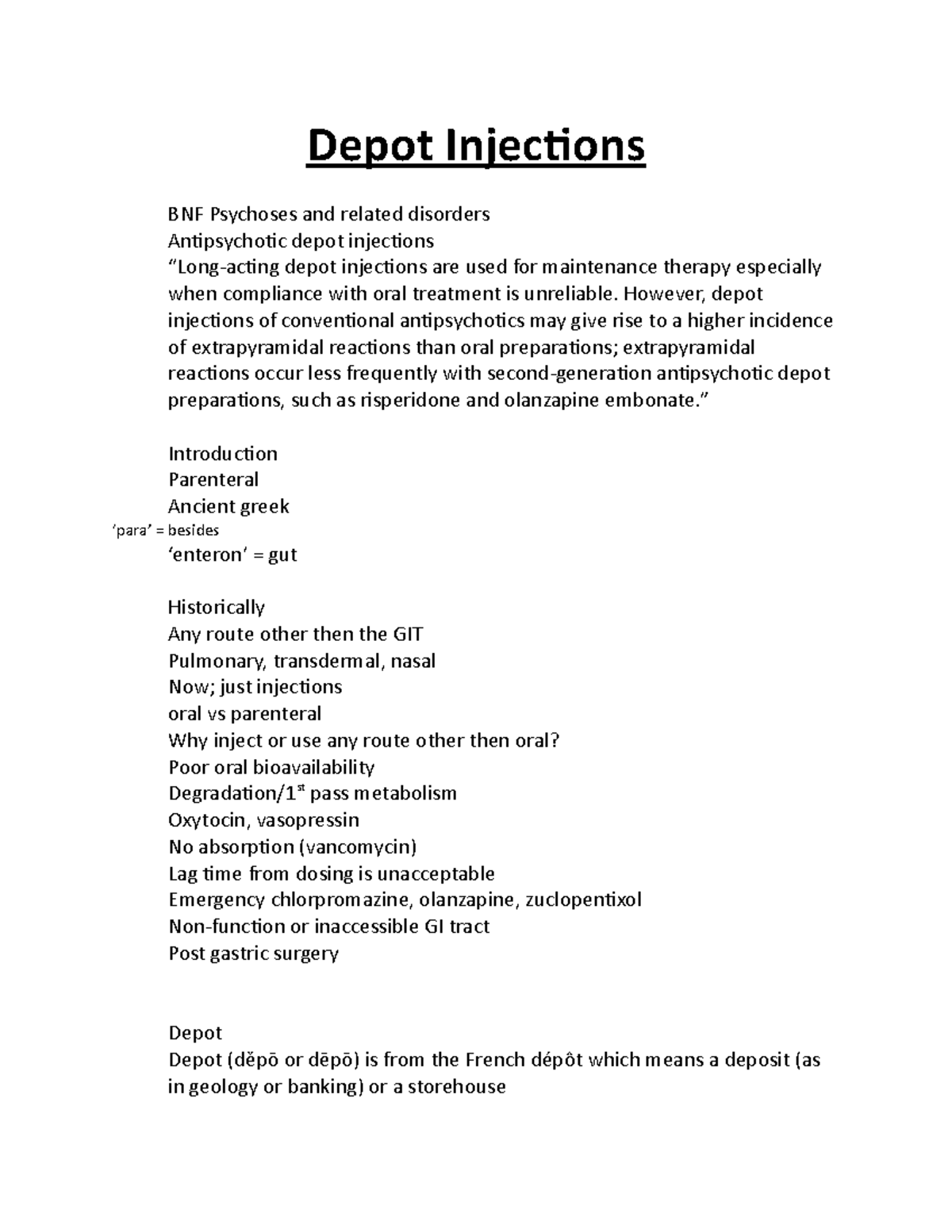 Depot Injections - PY5050 Lecture notes - The Central Nervous System ...