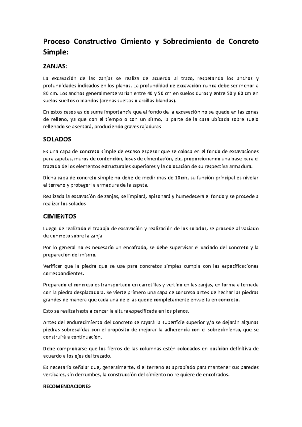 Proceso Constructivo Cimiento y Sobrecimiento de Concreto Simple ...