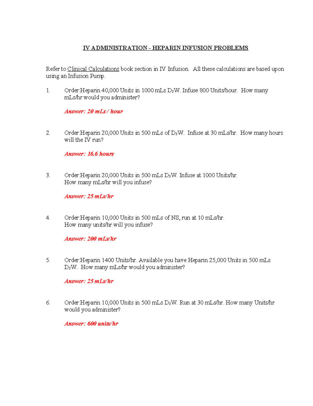 Heparin Answer Sheet - IV ADMINISTRATION - HEPARIN INFUSION PROBLEMS ...