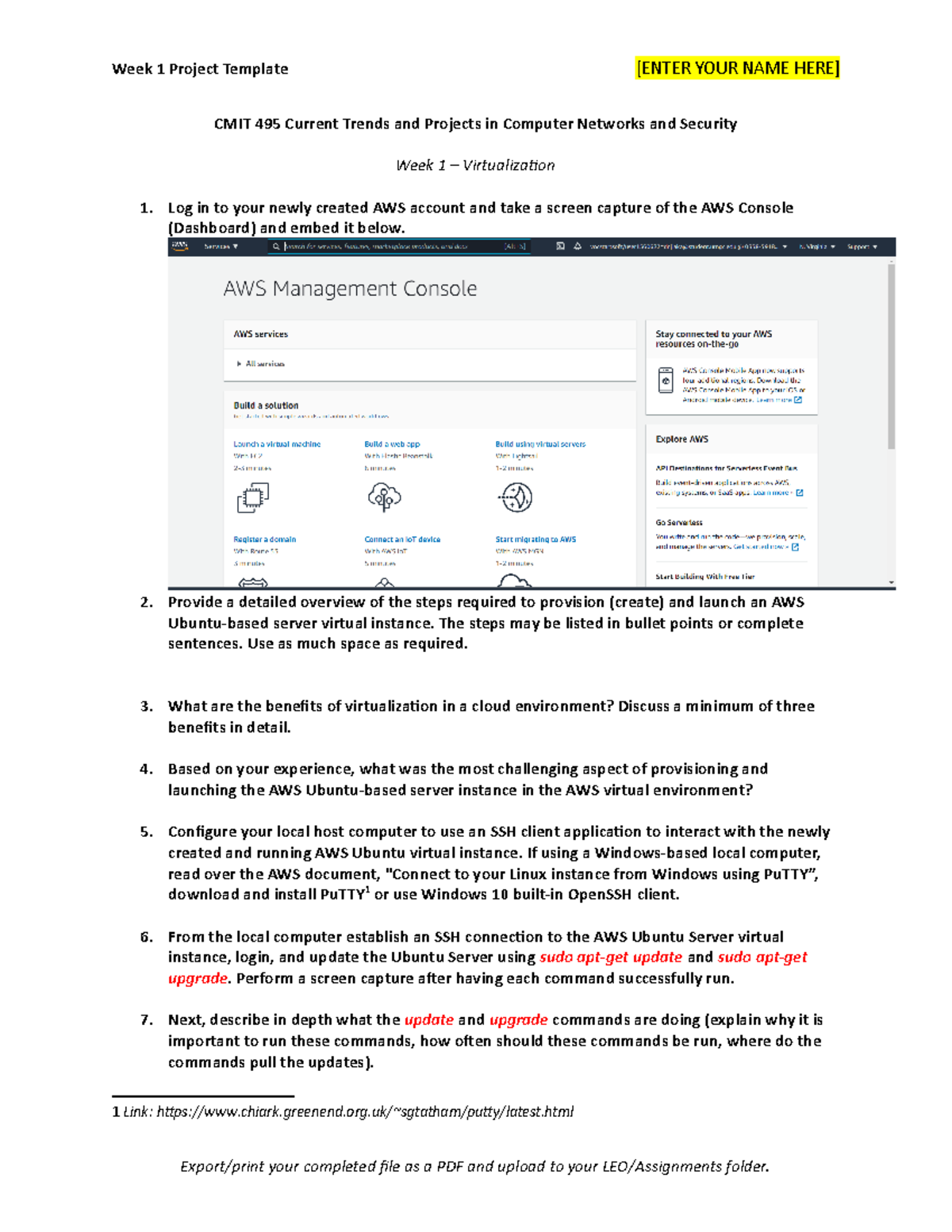 Virtualization Assignment Template - Week 1 Project Template [ENTER YOUR NAME HERE] CMIT 495 ...
