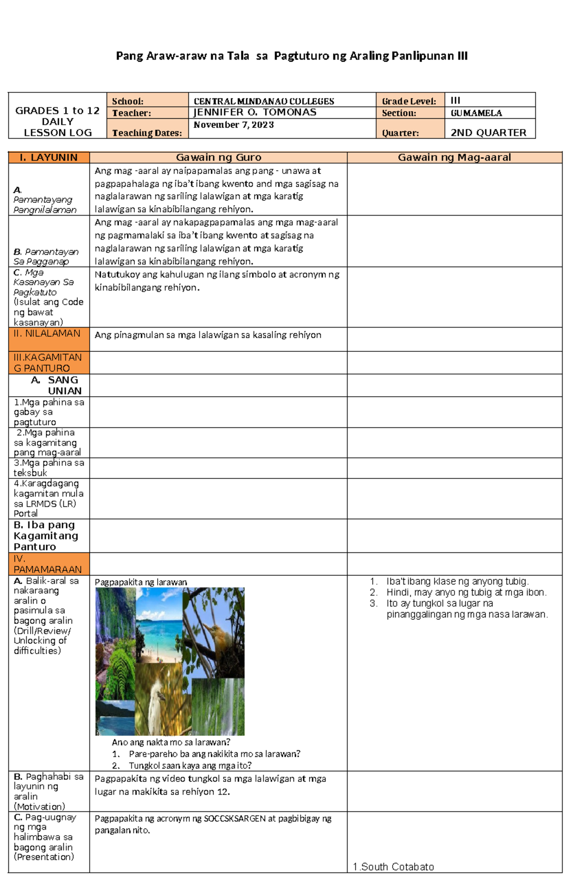 AP W1-2 Tisay - Example of lesson plan - Pang Araw-araw na Tala sa ...