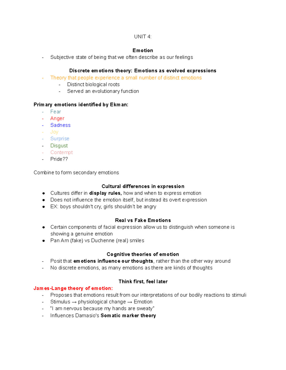 Exam 4 Psych - UNIT 4: Emotion Subjective state of being that we often ...