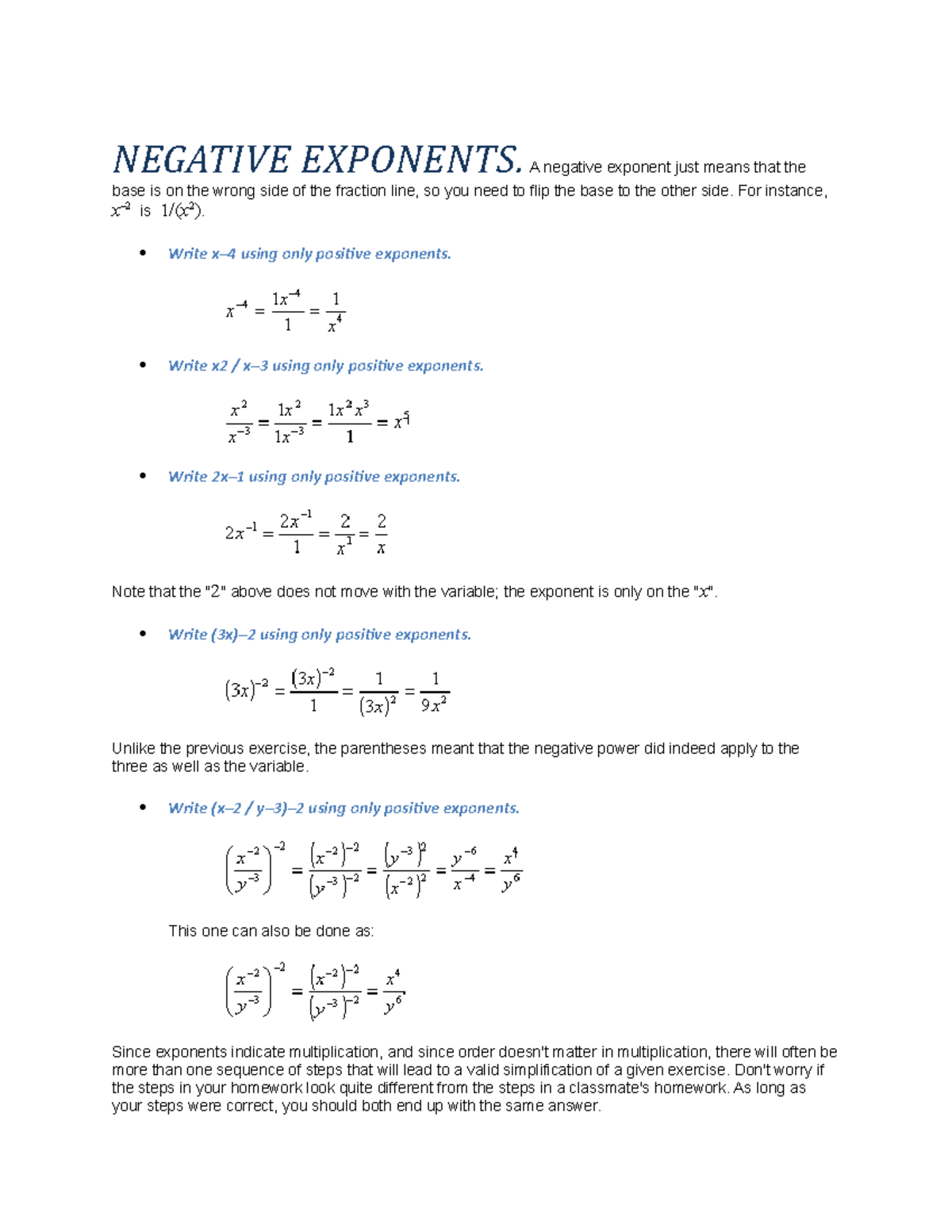 Lecture 3. Negative Exponents - NEGATIVE EXPONENTS. A negative exponent ...