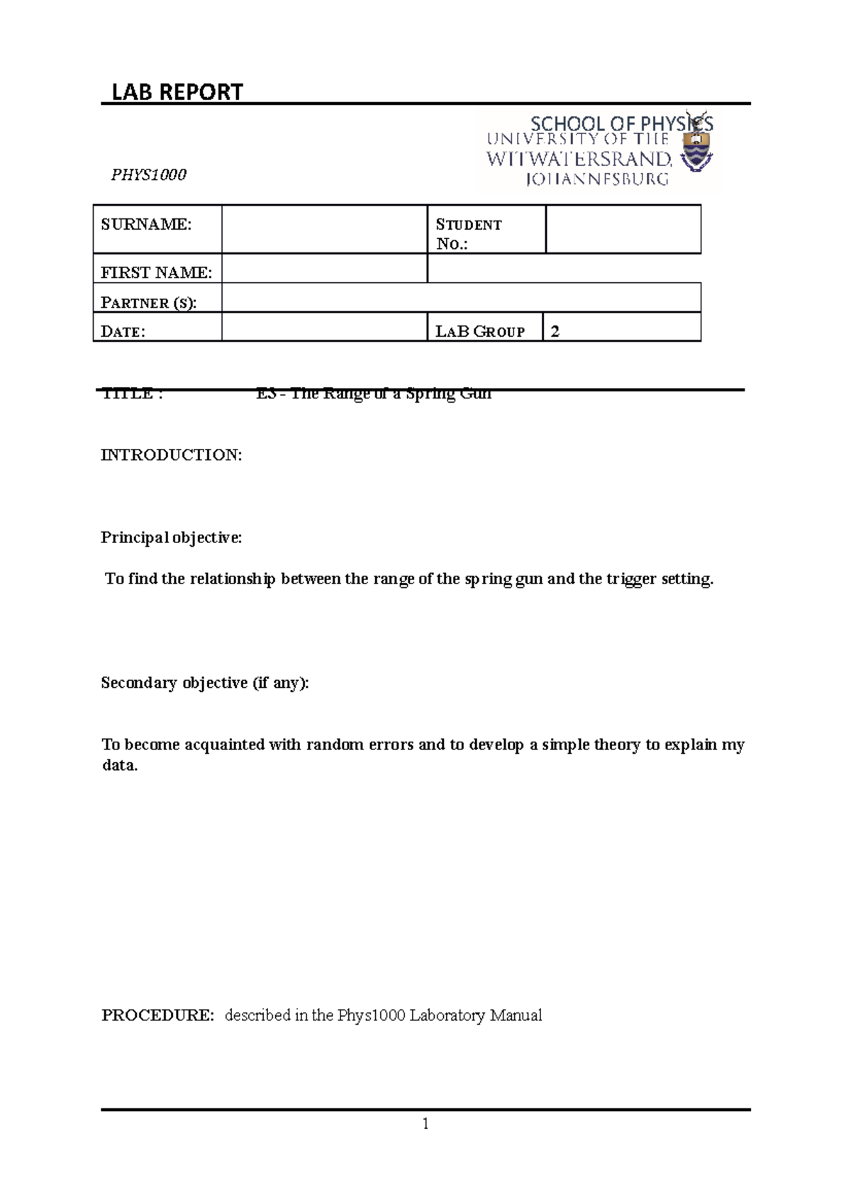 EXP03 - Spring Gun - Lab Report Template - LAB REPORT SCHOOL OF PHYSICS ...