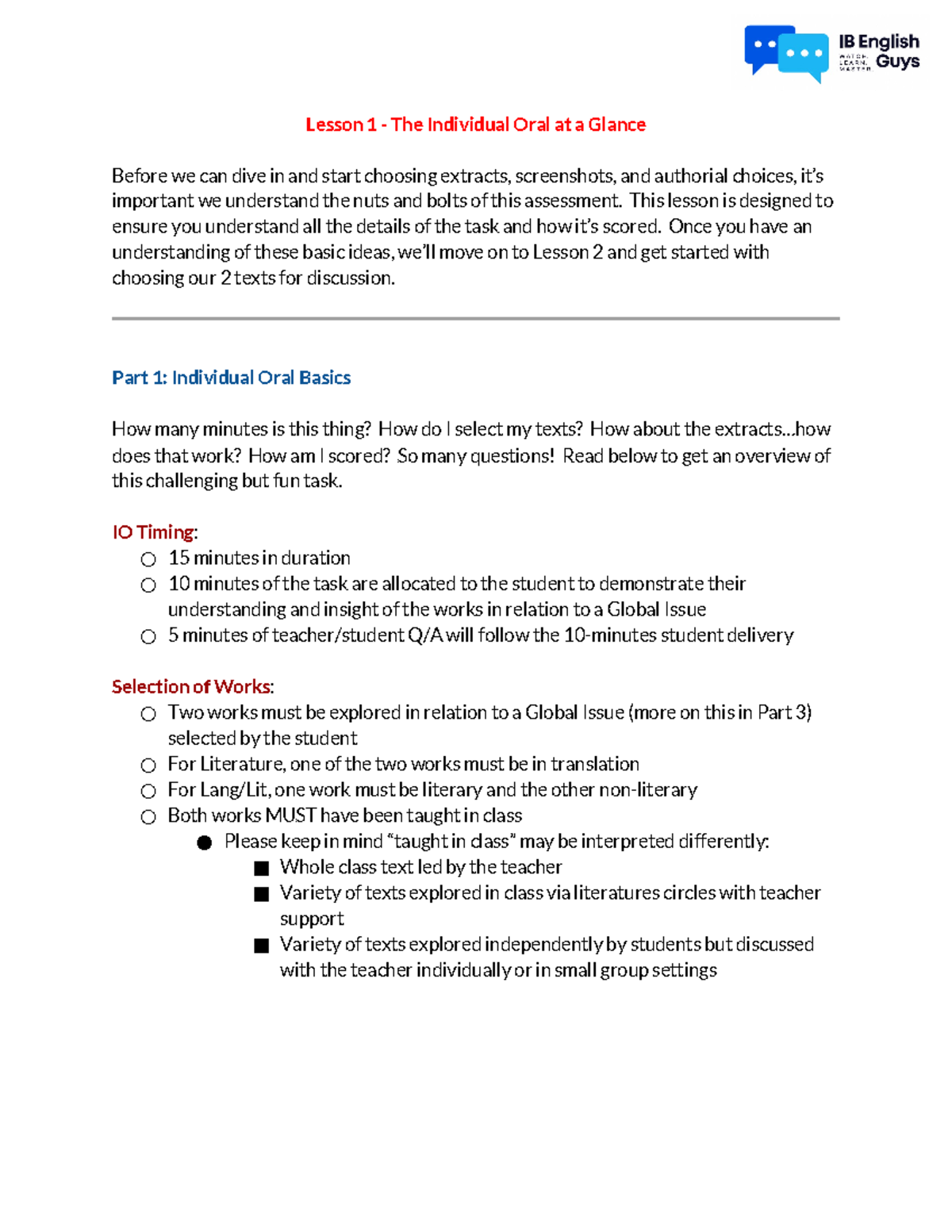 1 Lesson 1 The Individual Oral at a Glance - Lesson 1 - The Individual ...