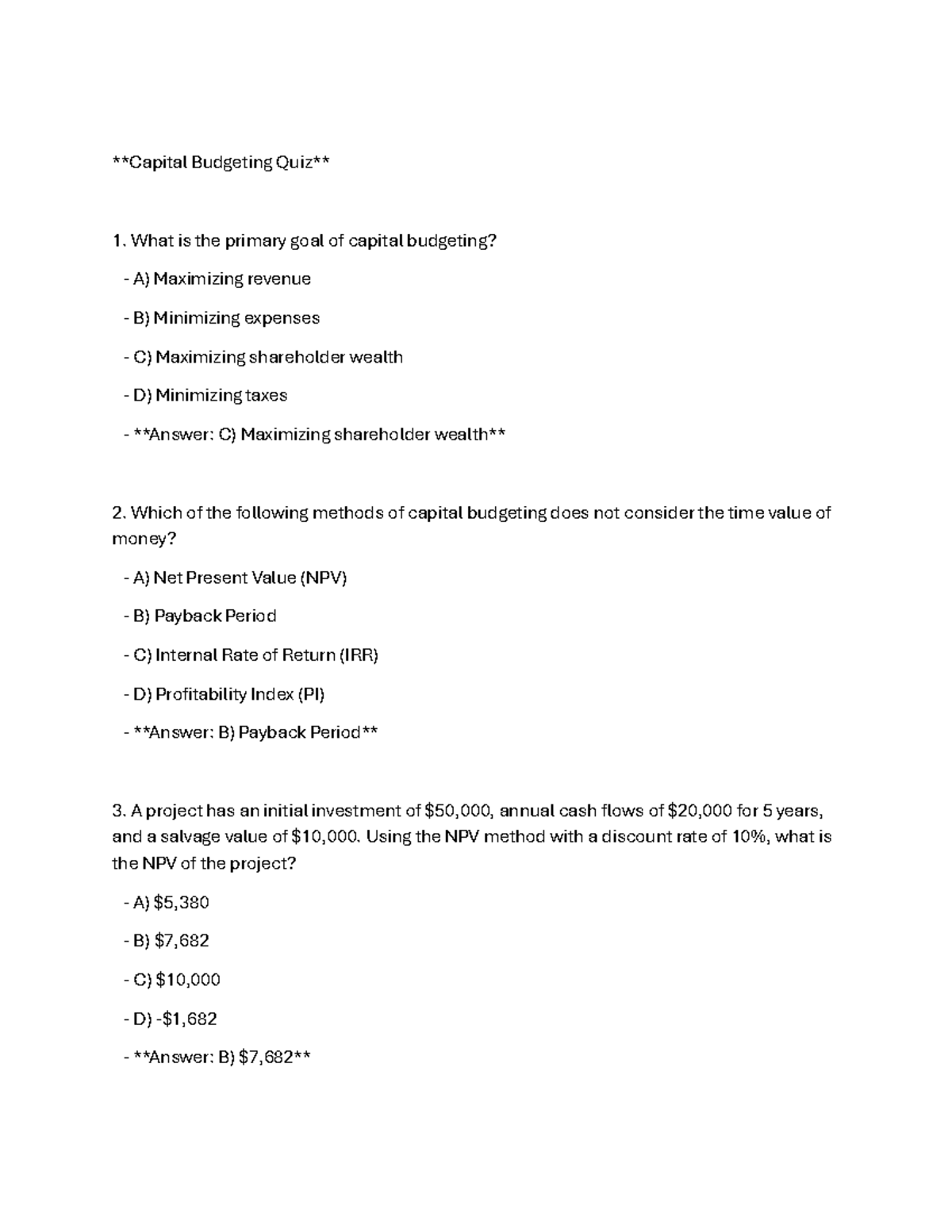 Capital Budgeting Quiz - Capital Budgeting Quiz What is the primary ...