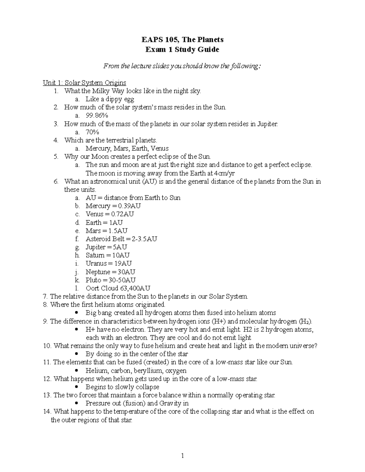 Exam 1 Study Guide - EAPS 105, The Planets Exam 1 Study Guide From the ...