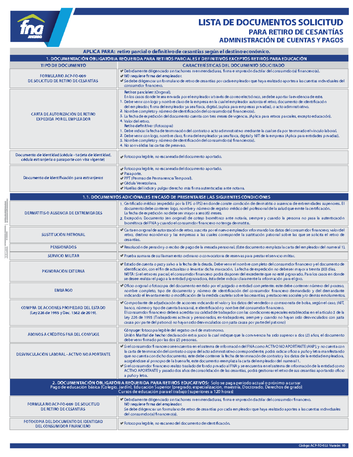 ACP-FO-033 versión 10 - Código: ACP-FO-033 Versión: 10 APLICA PARA: retiro parcial o definitivo ...