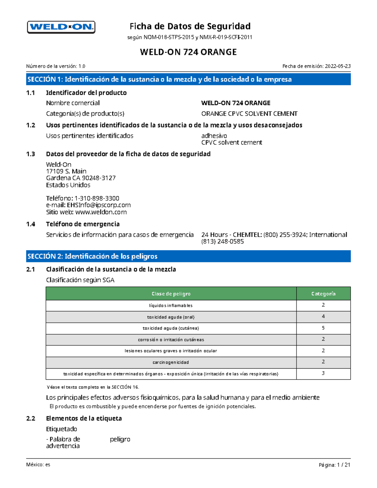 SDS WELD-ON 724 Orange MX es 1 0 - SECCIÓN 1: Identificación de la ...