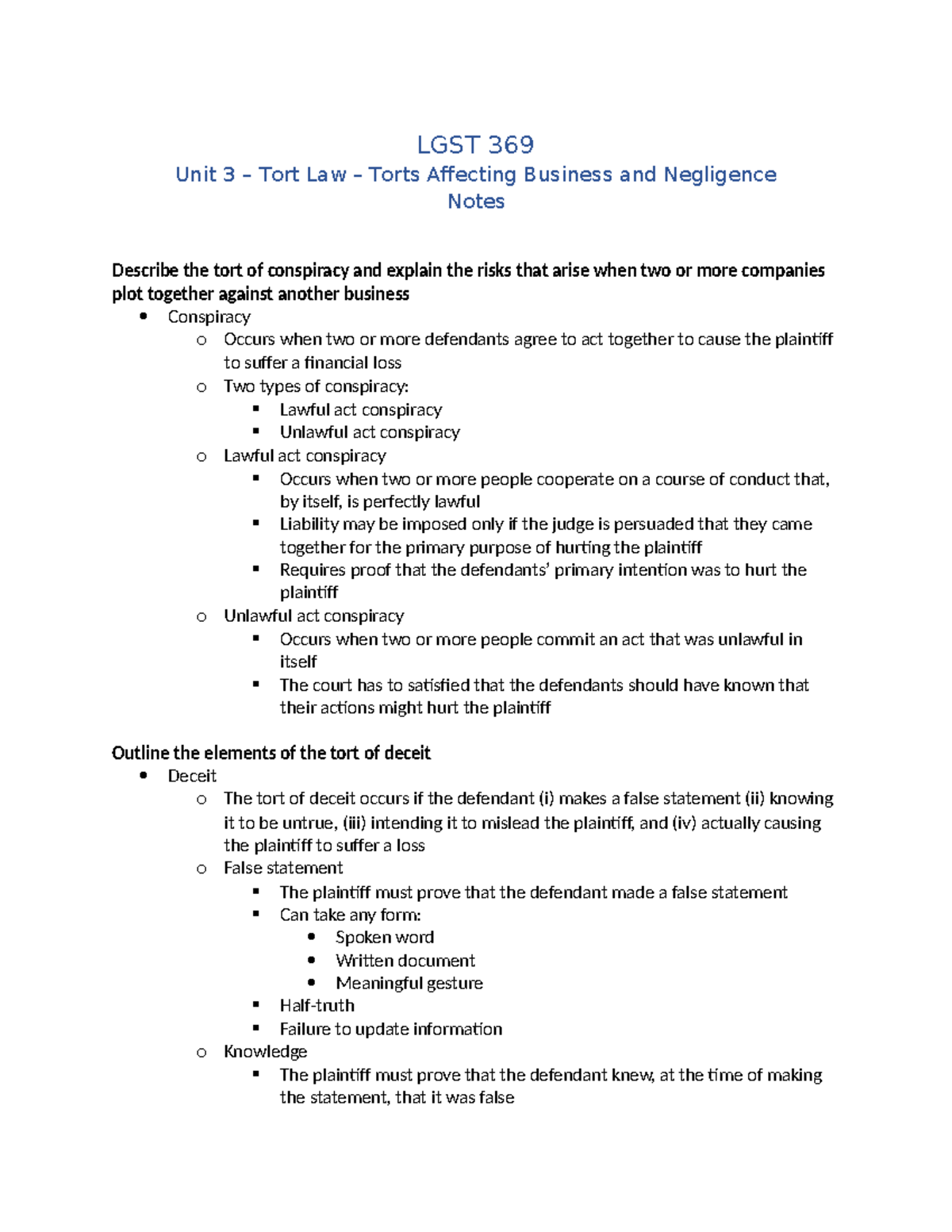 Unit 3 – Tort Law – Torts Affecting Business and Negligence - LGST 369 ...