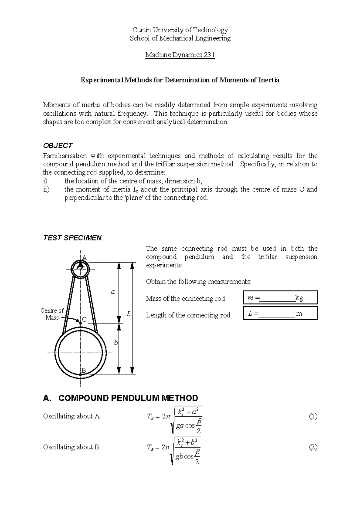 Lab Mass Moment Inertia - Curtin University of Technology School of ...