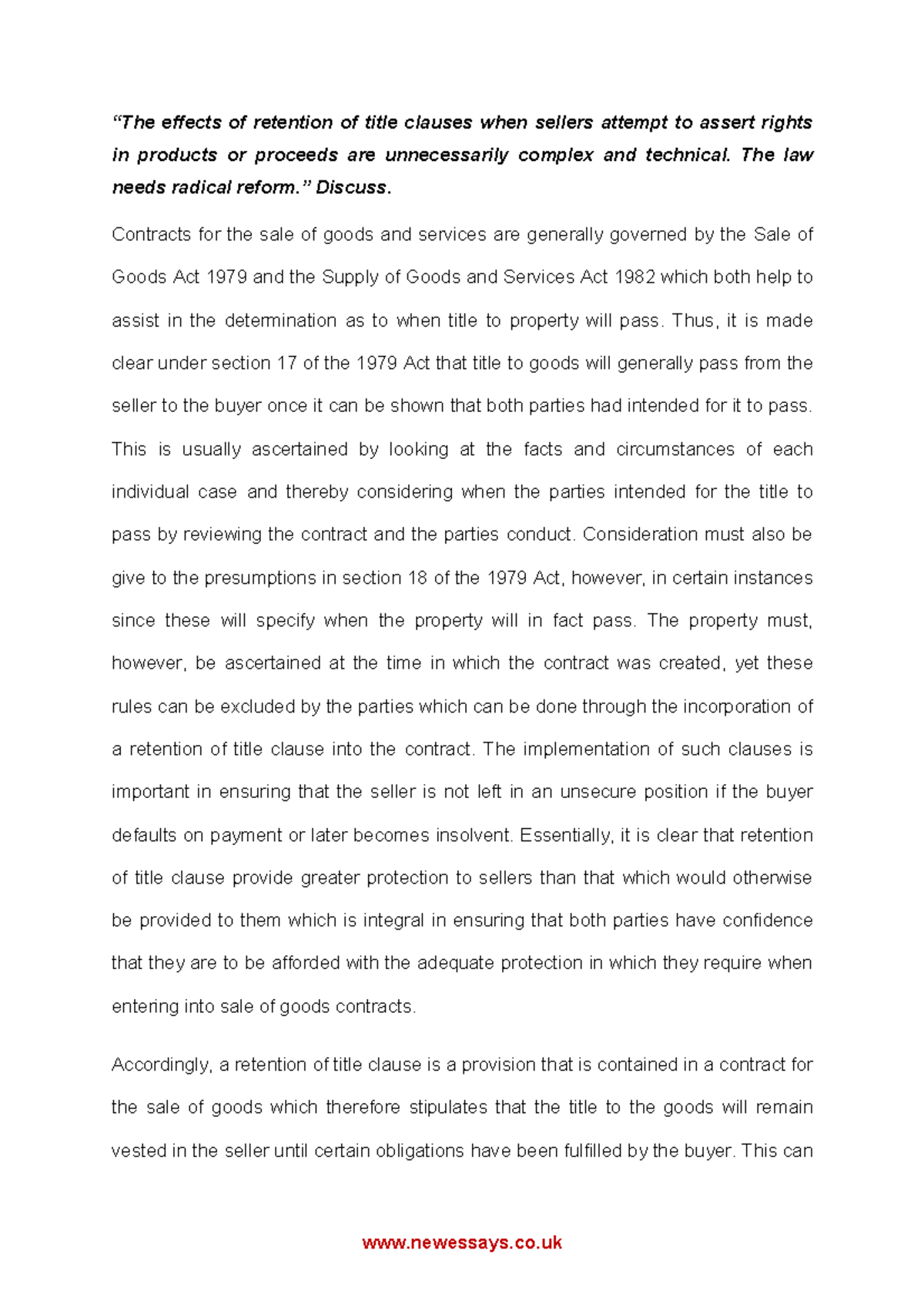 Law Net Sample - “The effects of retention of title clauses when ...