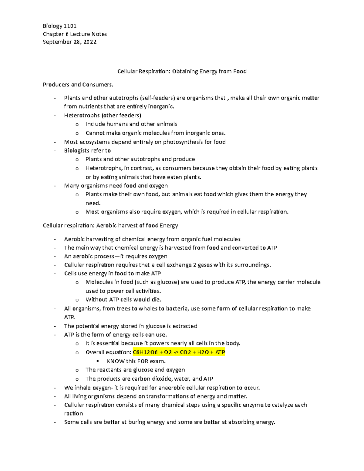 Biology 1101 Chapter 6 - Cellular Respiration: obtaining energy from ...