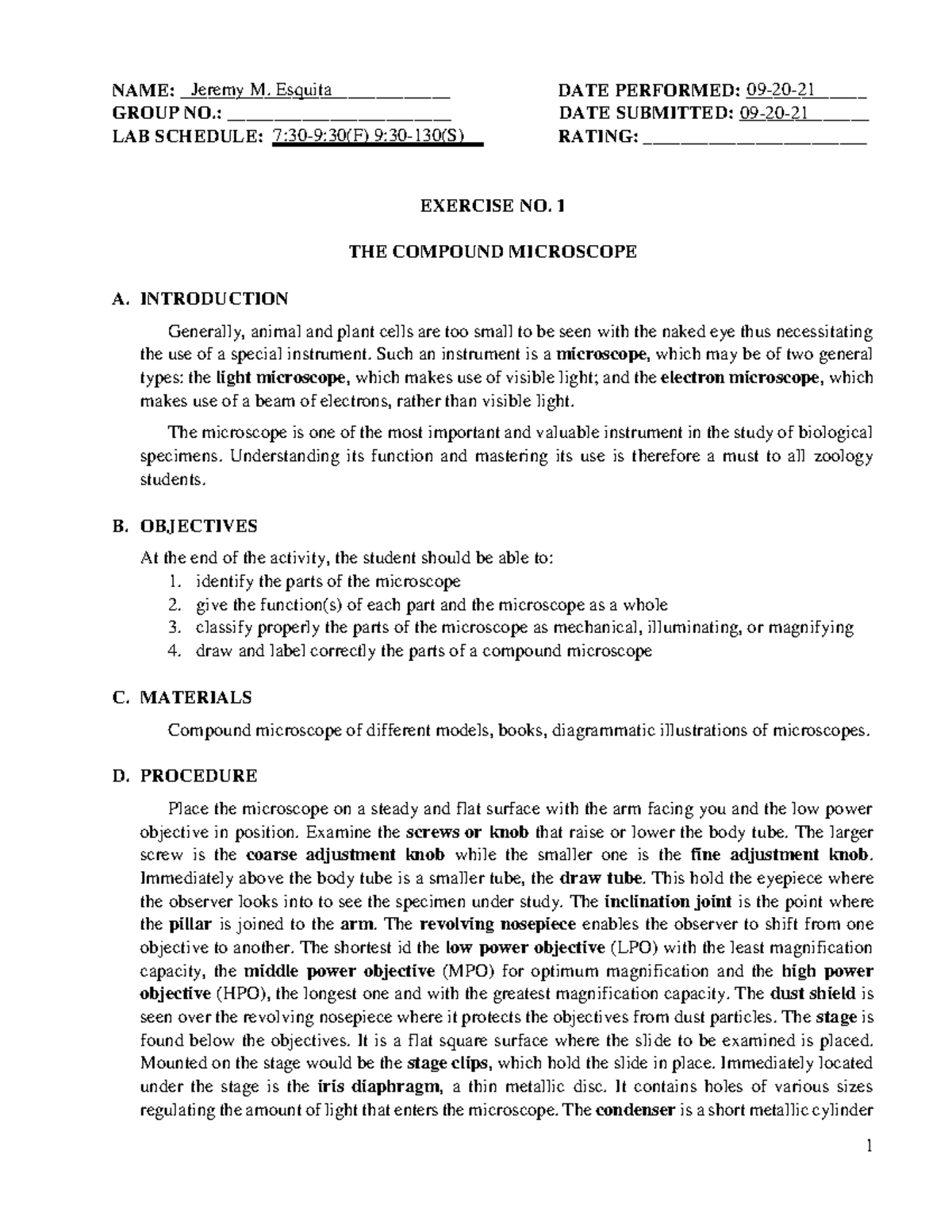 Exercise NO. 1 THE Compound Microscope - 1 NAME: _____________________________ DATE PERFORMED ...