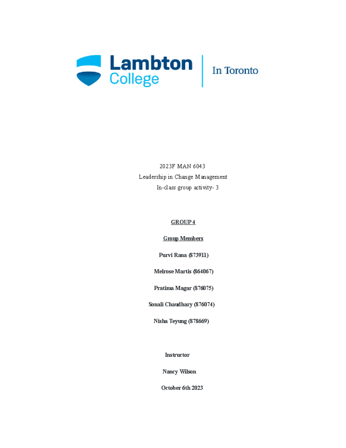Leadership and change management - In class activity- 3 - 2023F MAN ...