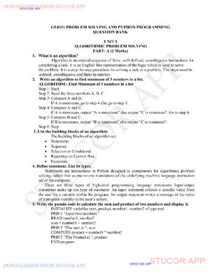 Question Bank 1 - Unit I – Computational Thinking and Problem Solving Part A 1 Algorithm 2 an ...