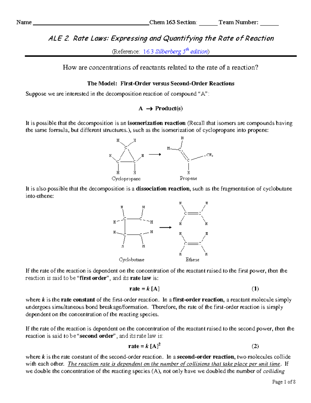2 ALE 2 Rate Laws Spring 2010 - Name Chem 163 Section: ______ Team ...