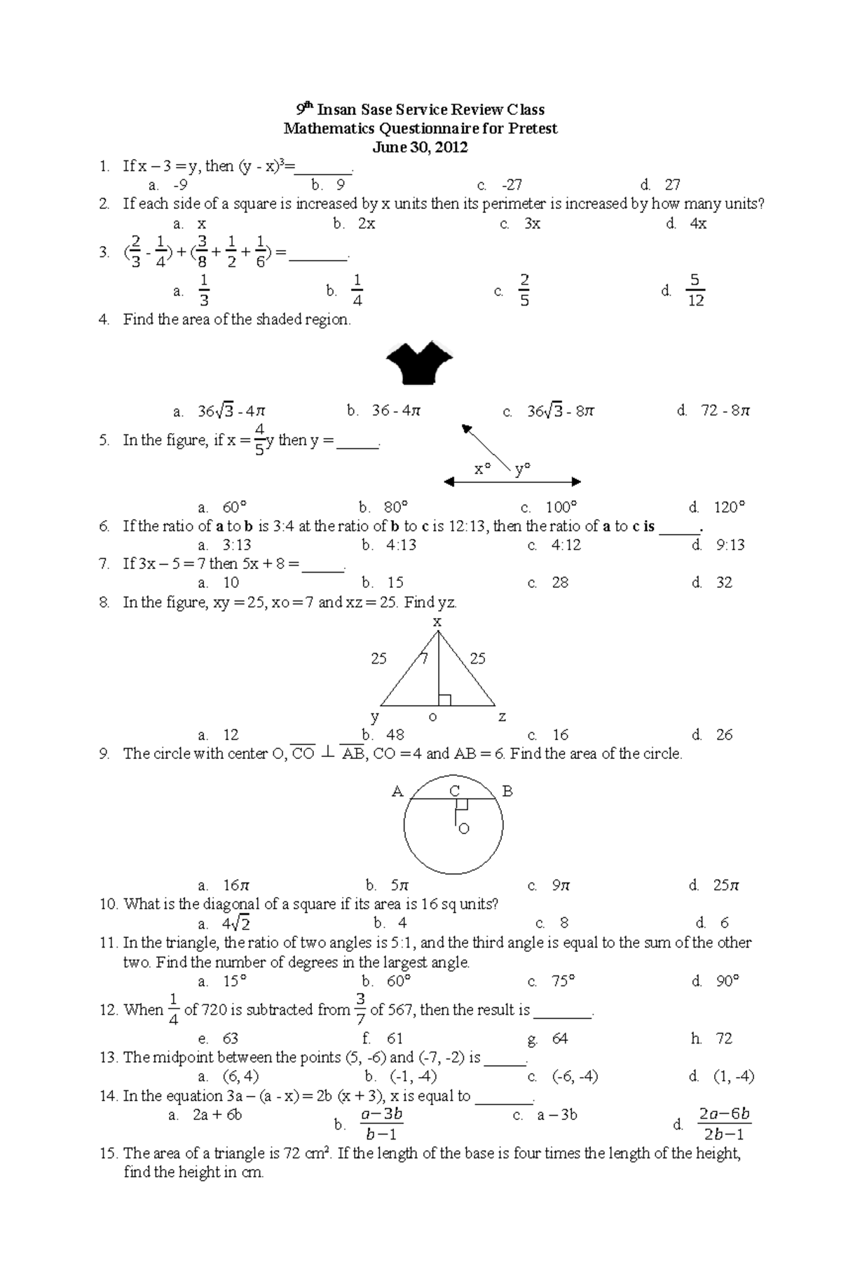 MATH-Pre-Test - Practice set for math - 9 th Insan Sase Service Review ...
