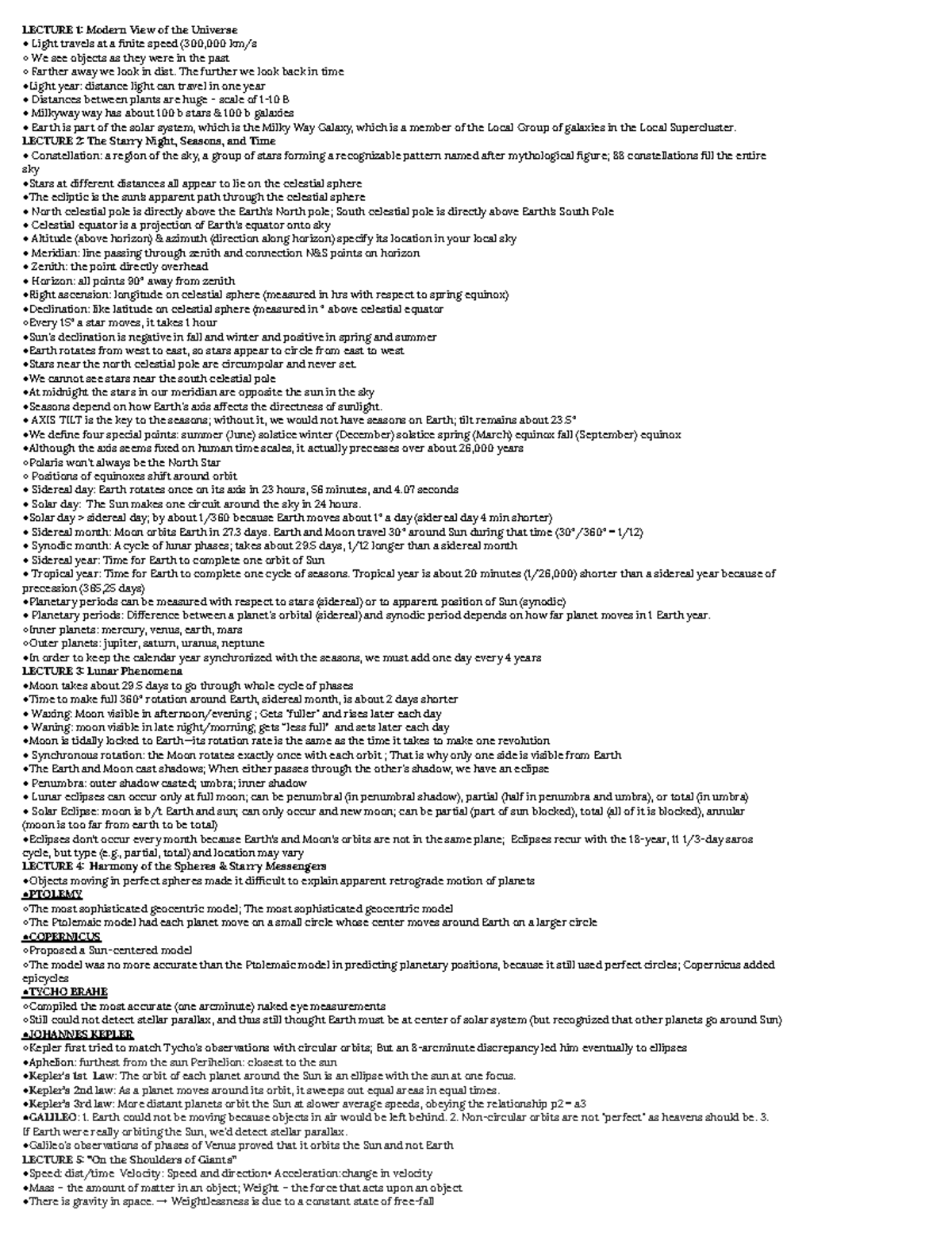 Astronomy Reference Sheet - LECTURE 1 Modern View of the Universe Light ...