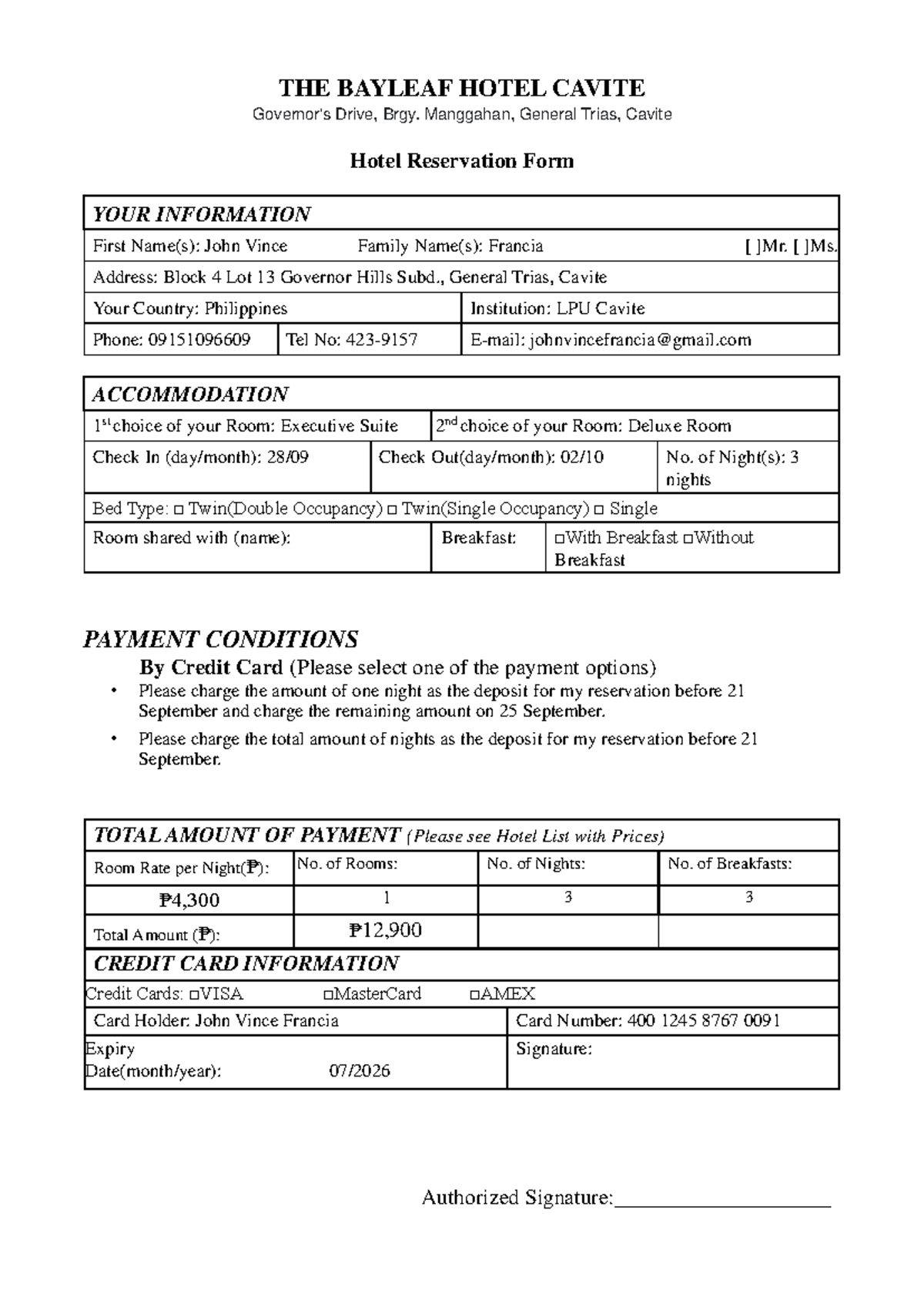 Hotel-Reservation-Form - THE BAYLEAF HOTEL CAVITE Governor's Drive ...