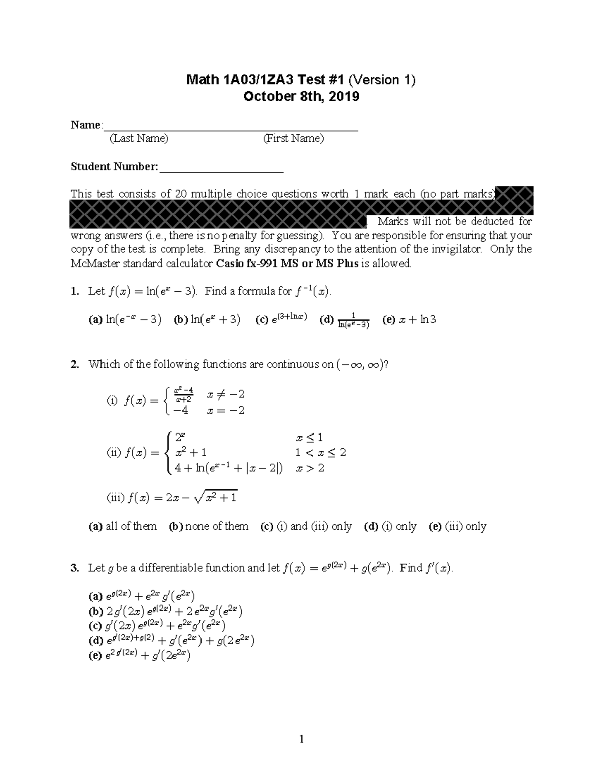 Test - FSD - Math 1A03/1ZA3 Test #1 (Version 1) October 8th, 2019 - Studocu