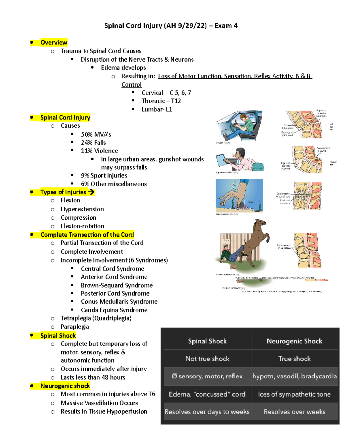 Spinal Cord Injury Notes - Spinal Cord Injury (AH 9/29/22) – Exam 4 ...