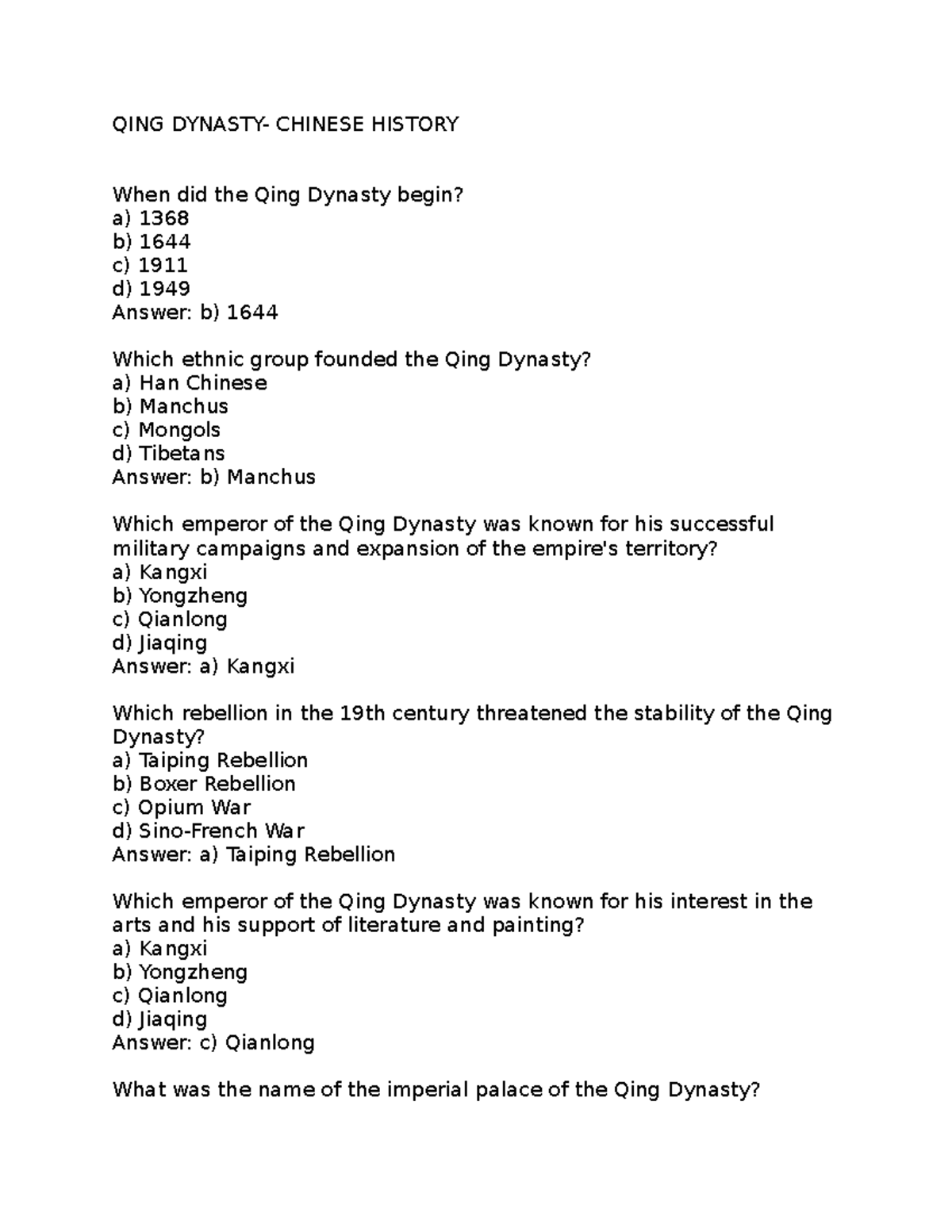 QING Dynasty - QUIZ - QING DYNASTY- CHINESE HISTORY When did the Qing ...