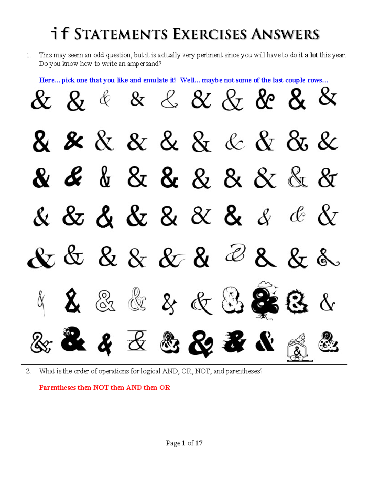 If Statement Exercises Answers - if Statements Exercises Answers This ...