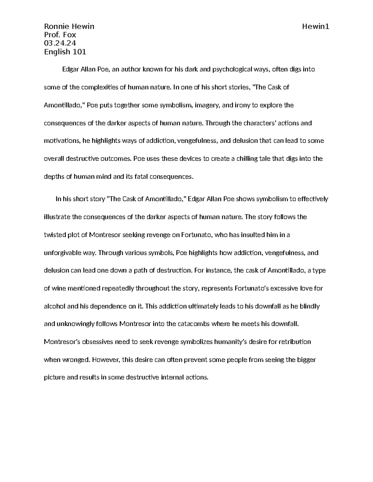 Lit anaylis Hewin 1 - edgar allen poe lit analysis - Ronnie Hewin Prof ...