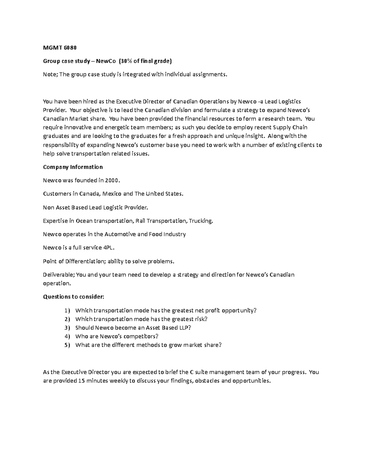 Newco 4pl case study - MGMT 6080 Group case study – NewCo (30% of final ...